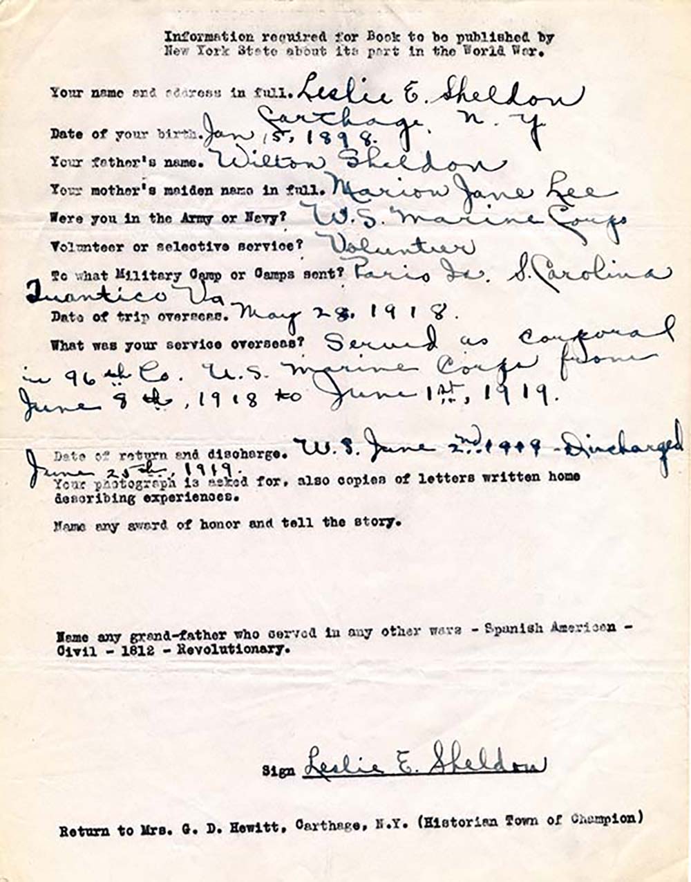 Leslie Sheldon Questionnaire